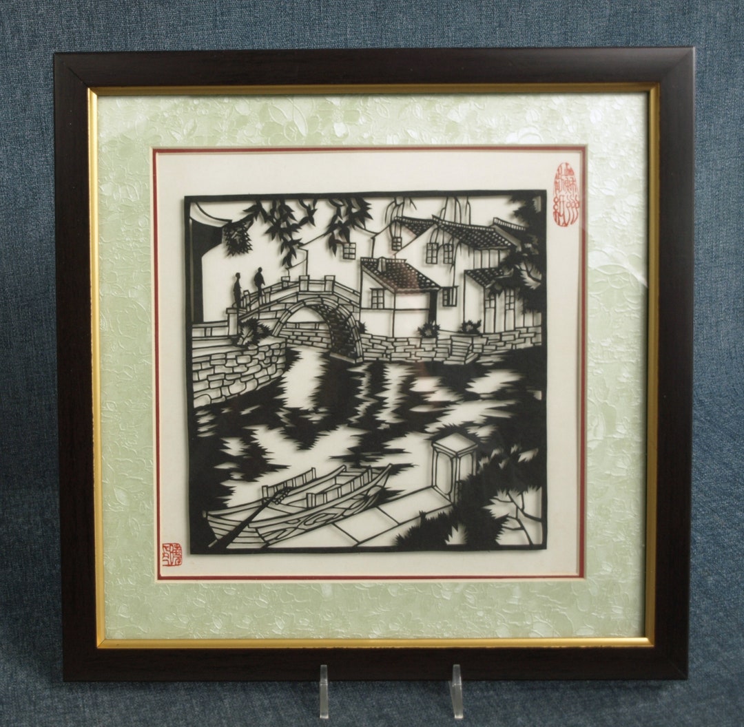 Vintage Chinese Paper Cutting Framed Artwork With Floral Embossed Mat ...