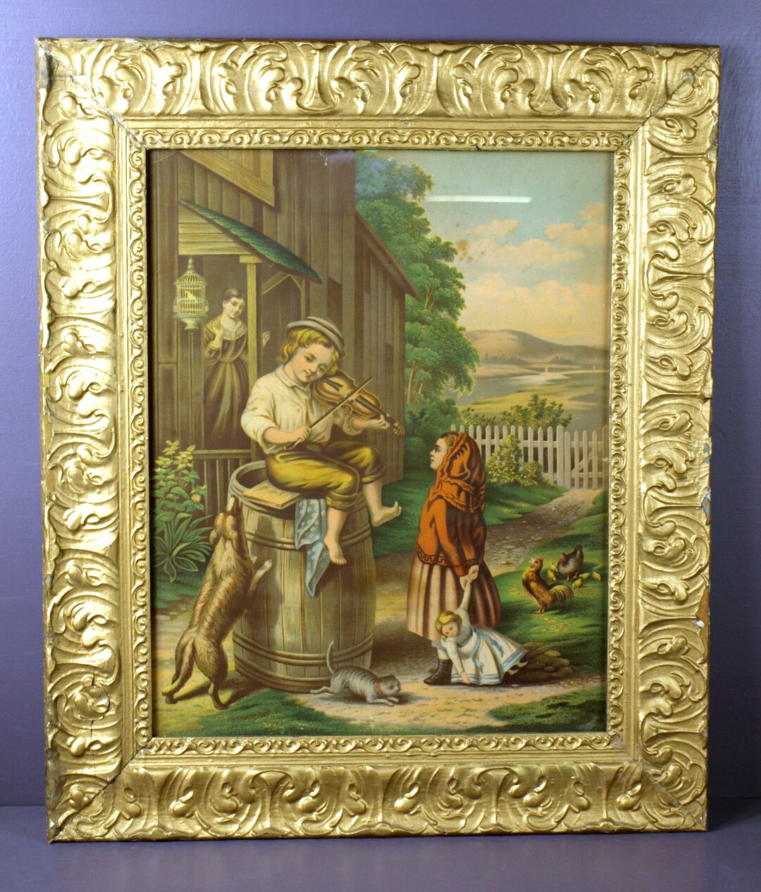 Antique Folk Art Lithograph Print (early 19th C) in Rustic Ornate ...