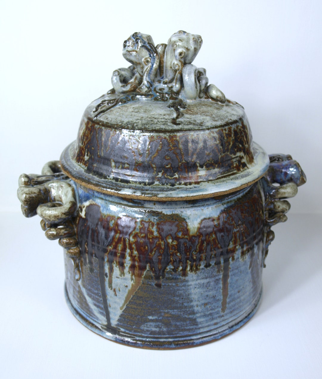 Large Handmade Art Pottery Chowder Pot W/ Lid, Octopus Themed - Signed ...