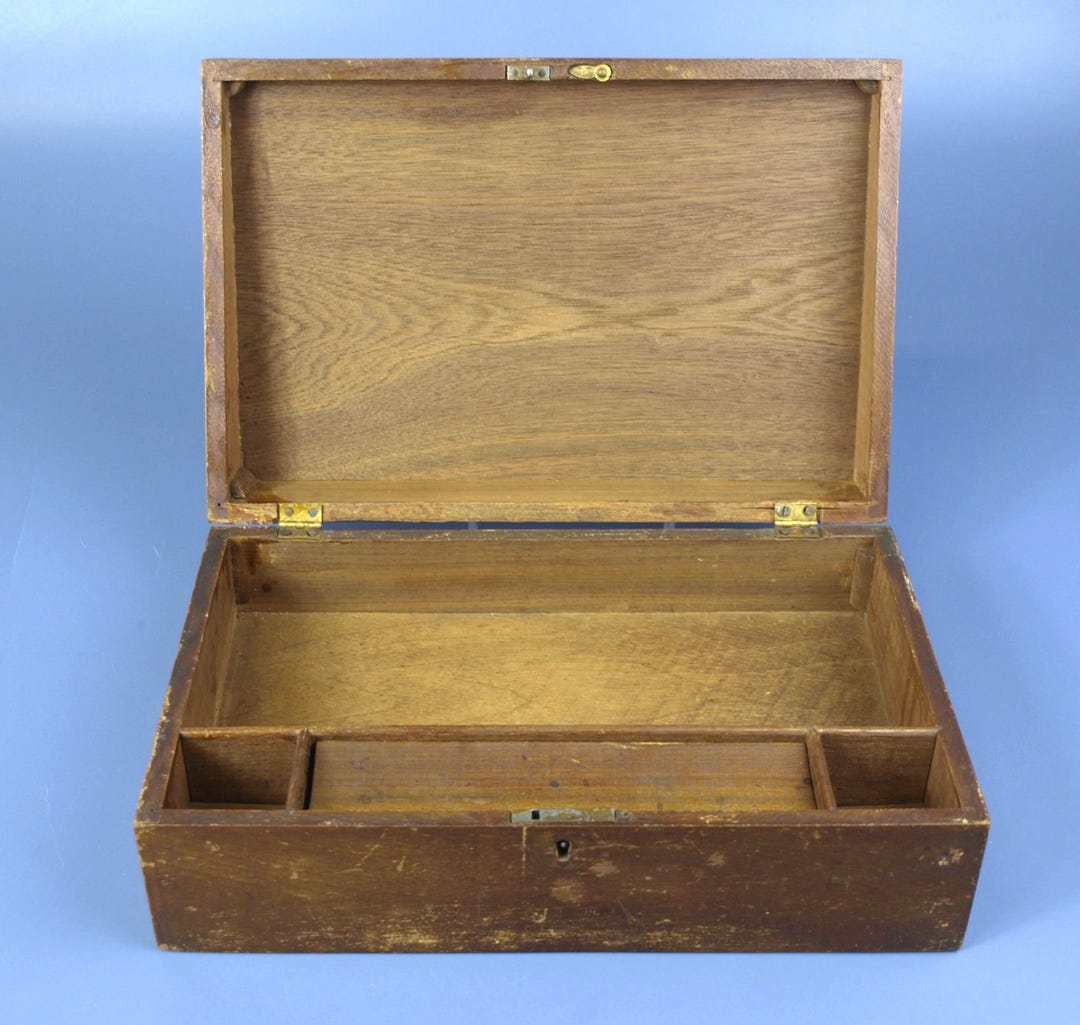 Antique Wooden Portable Travel Desk Box With Jointed Corners & Lock (no ...