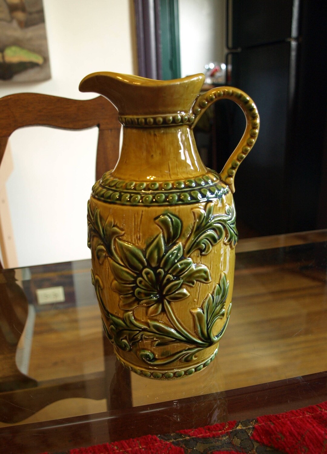 Vintage Inarco Japan 60’s Ceramic Yellow Pitcher Vase With Green Floral ...