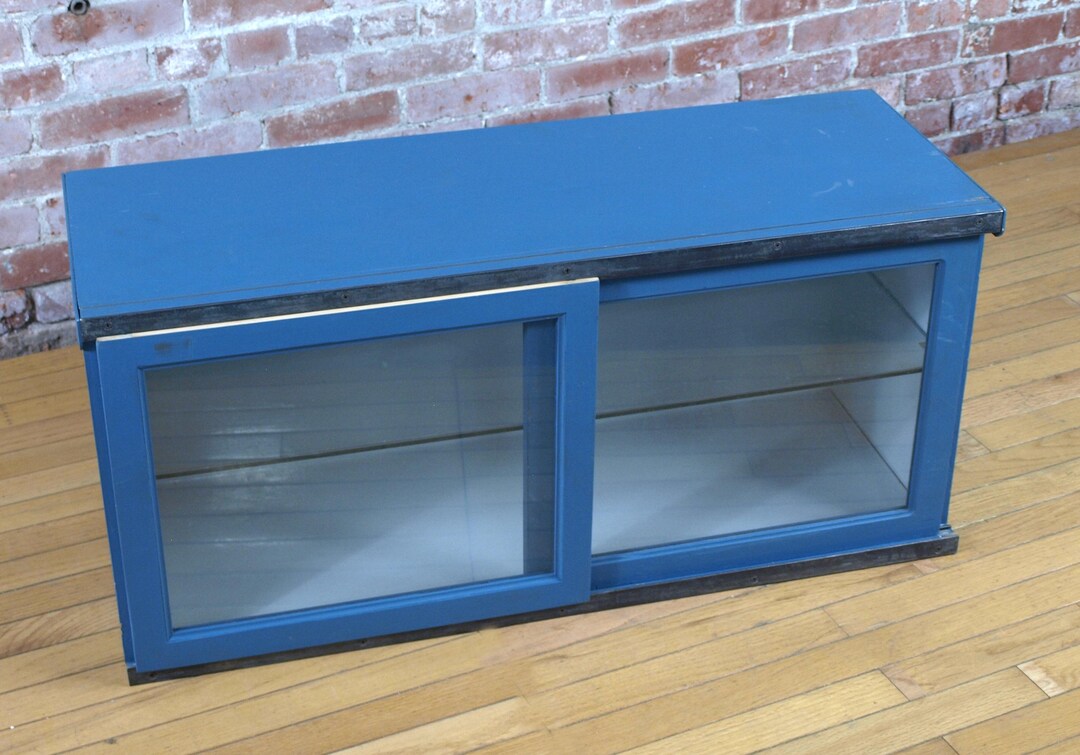 Vintage Wood Sliding Door Display / Kitchen Wall Cabinet W Glass ...