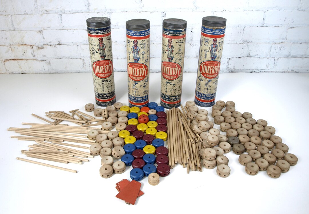 Vintage Tinkertoy Wonder Builder Wood Building Toy Blocks / Rods / Rounds Lot of 4 Canisters ...