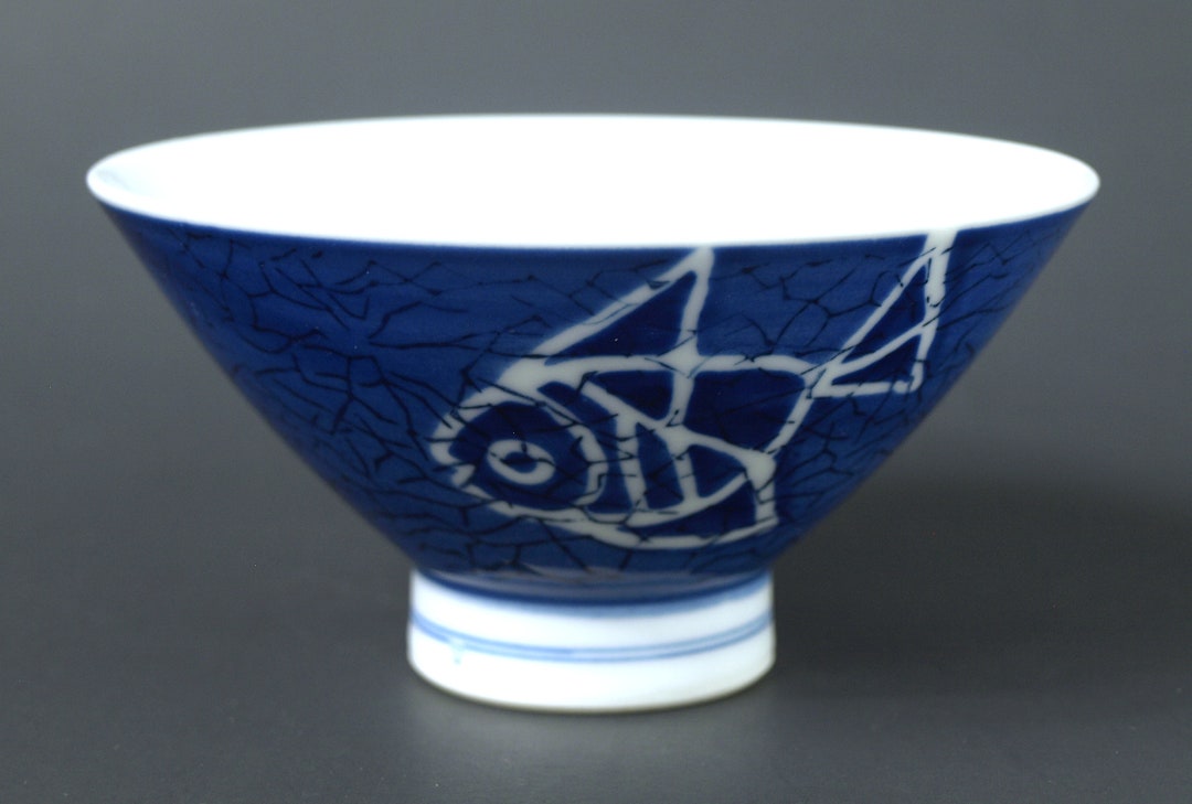 Vintage Chinese Rice Bowl With Hand Painted Cobalt Blue & White Koi ...