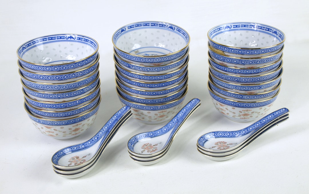 Vintage Chinese "rice Eyes" Ceramic Soup Bowls & Miso Soup Spoons W ...
