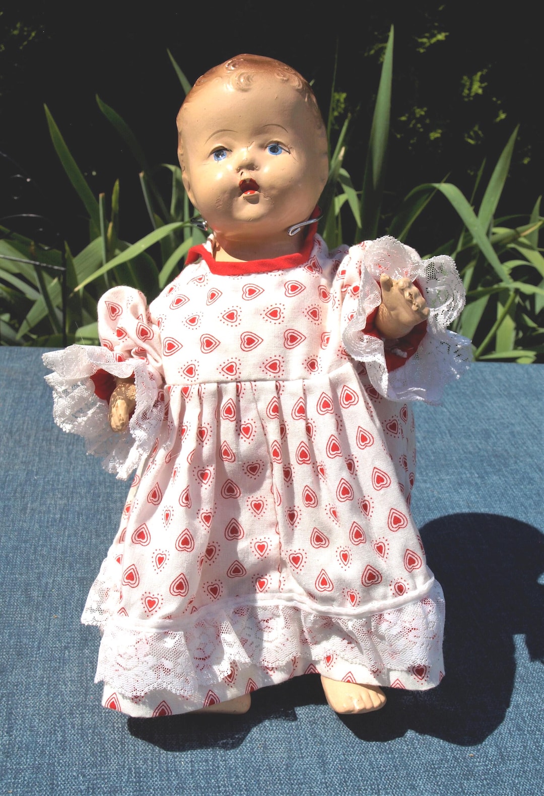 Antique / Vintage Composite Doll With Hand Sewn Dress - 12.5