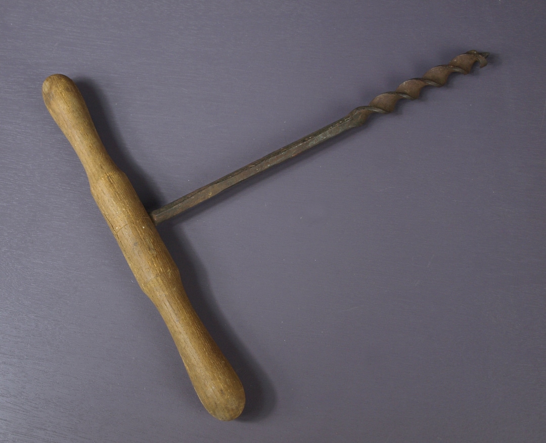 Antique T Handle Iron Barn Beam Hand Drill W/ Wooden Handle, Circa ...