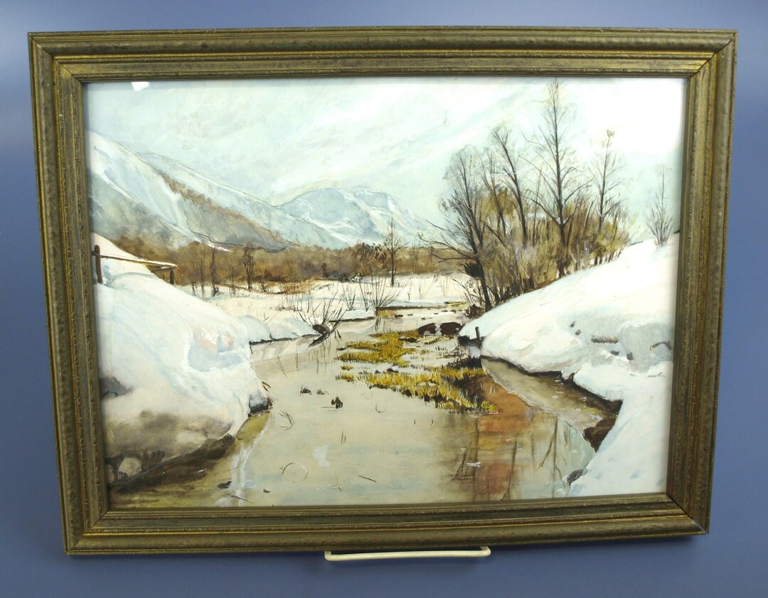 Vintage Watercolor & Mixed Media Winter Stream Landscape Painting ...