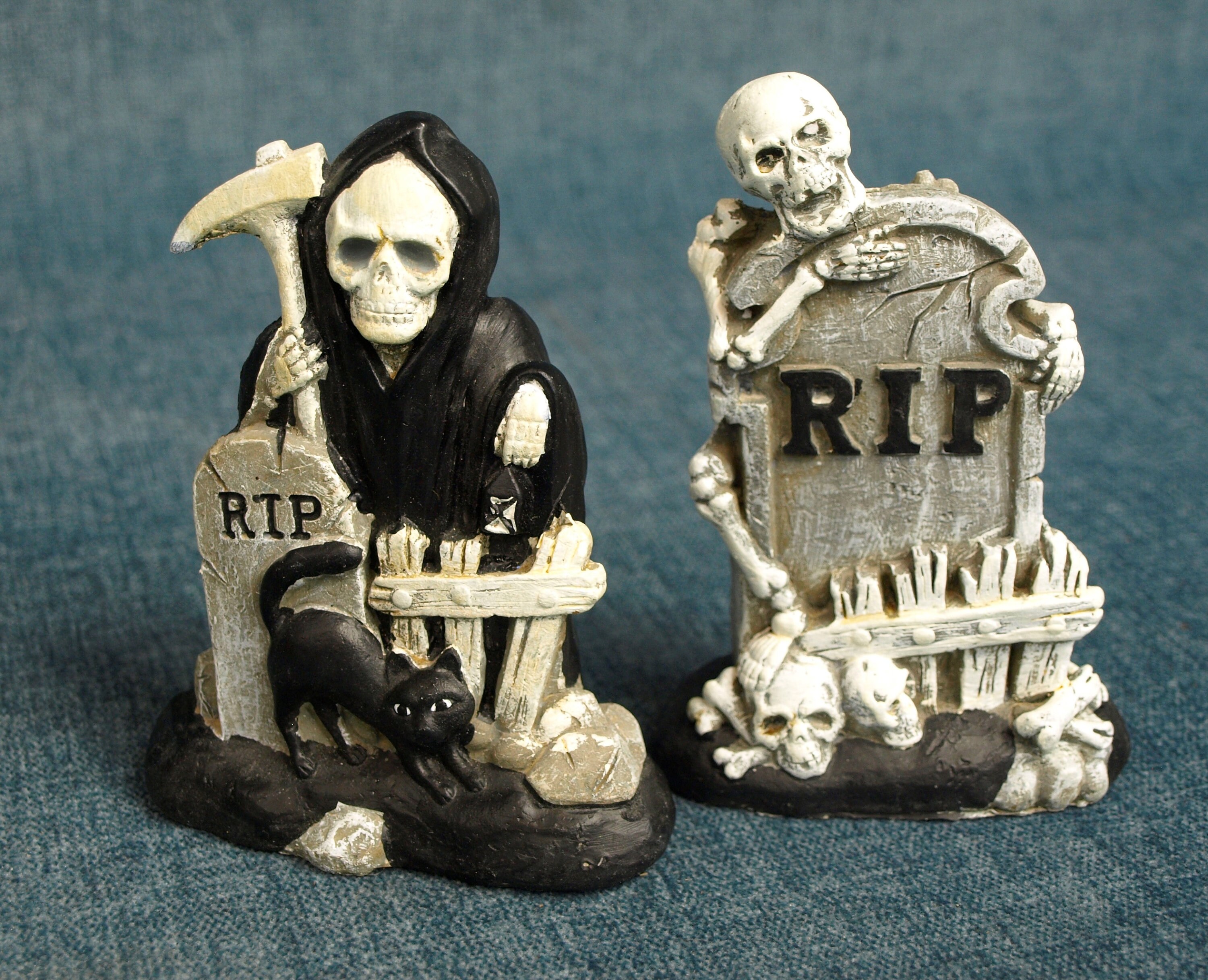 Halloween Grim Reaper and Skeleton With RIP Gravestones and Black Cat ...