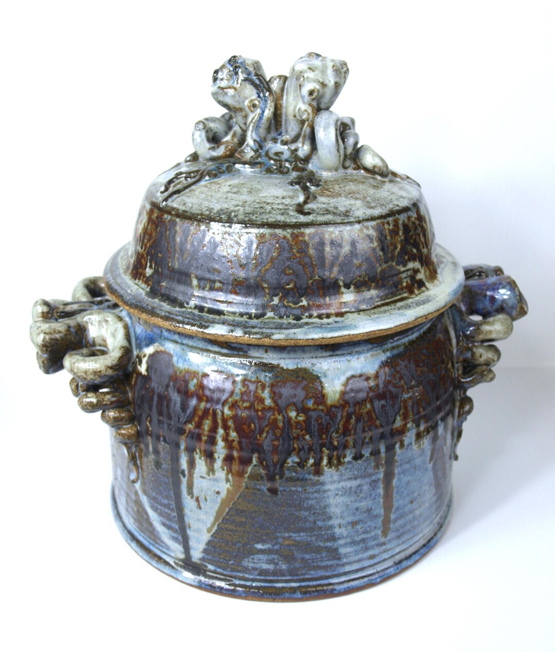 Large Handmade Art Pottery Chowder Pot W/ Lid, Octopus Themed - Signed ...