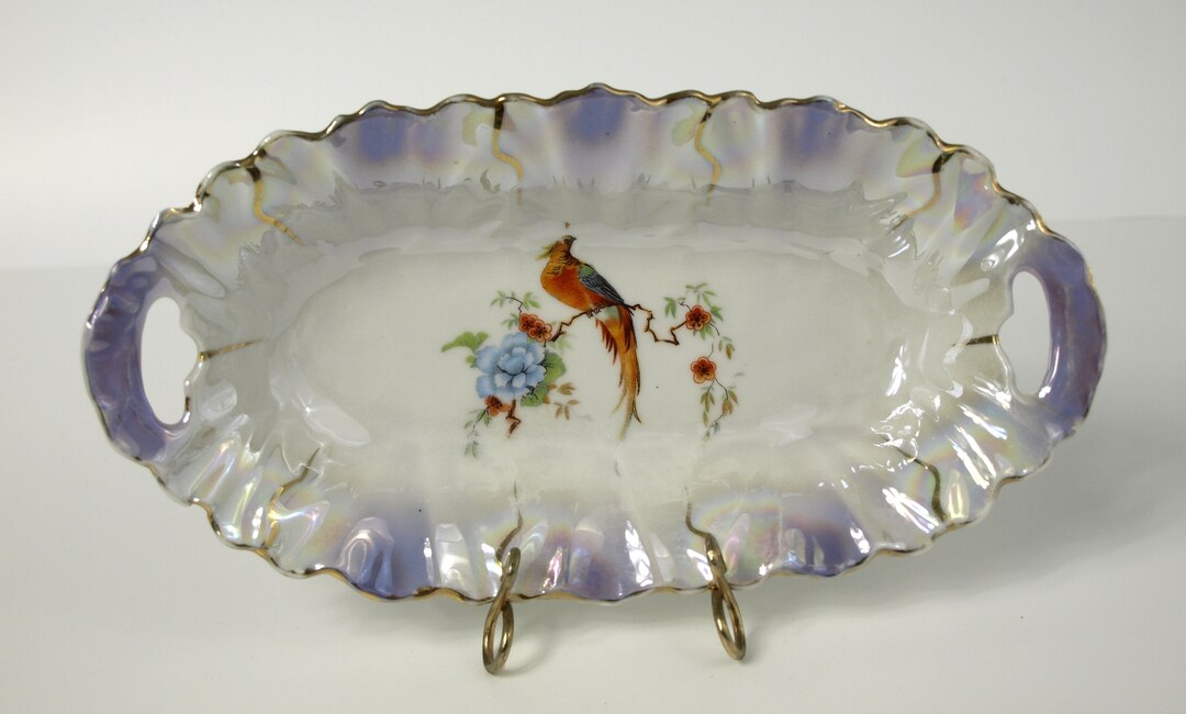 Antique German Luster Ware Pheasant Floral Pattern Relish / Celery Dish ...