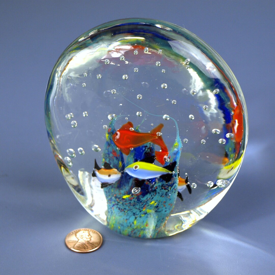 Vintage Glass Paperweight, Handmade - Featuring Colorful Fish & Coral ...