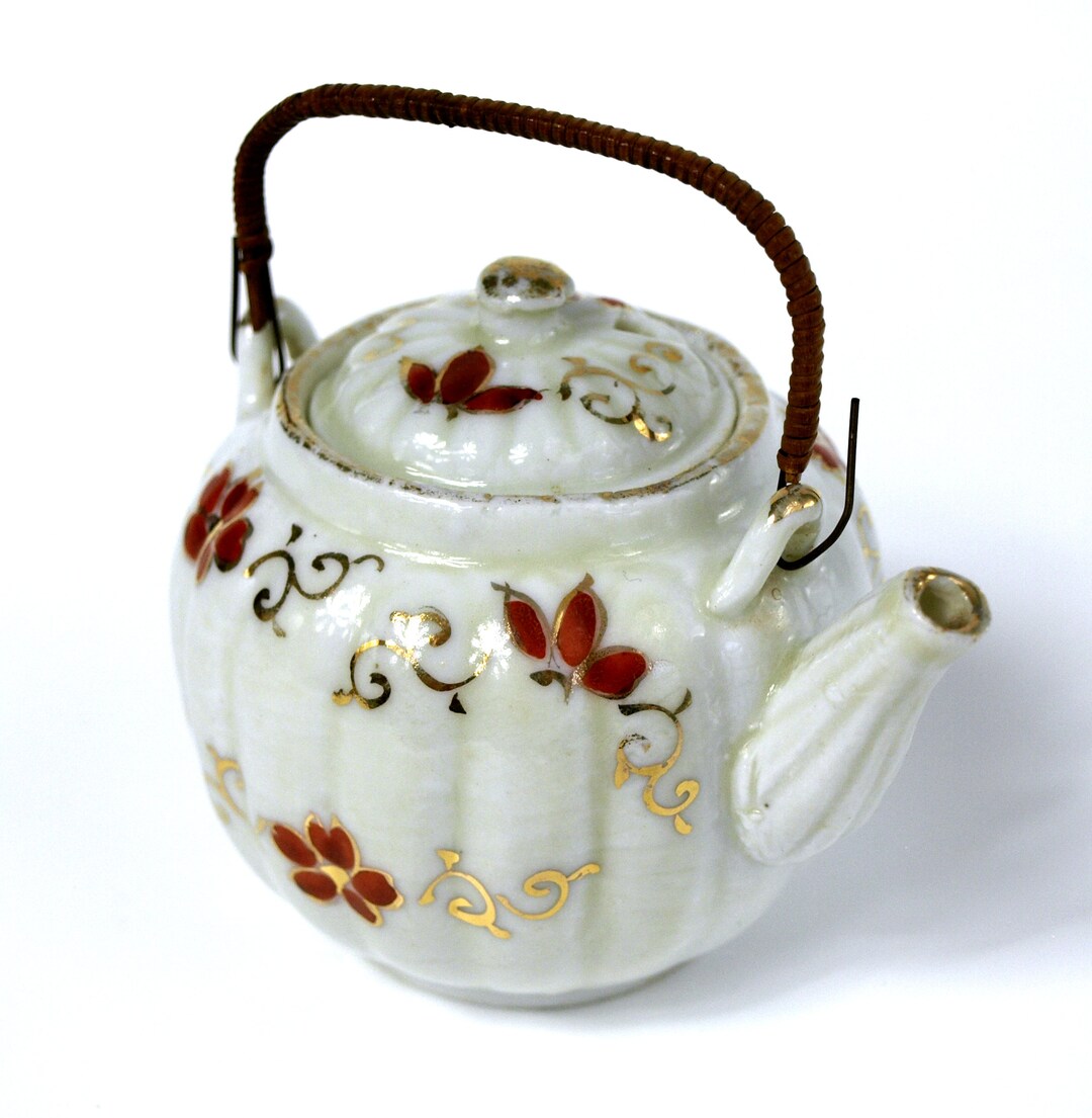 Vintage Asian Porcelain Miniature Teapot With Handpainted Flowers, Gilt ...