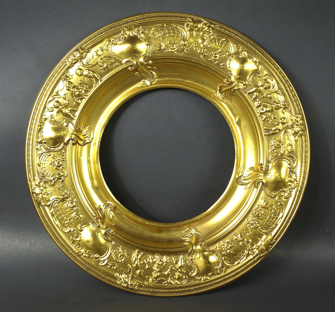 Antique French Renaissance Revival Round Embossed Brass Frame With ...