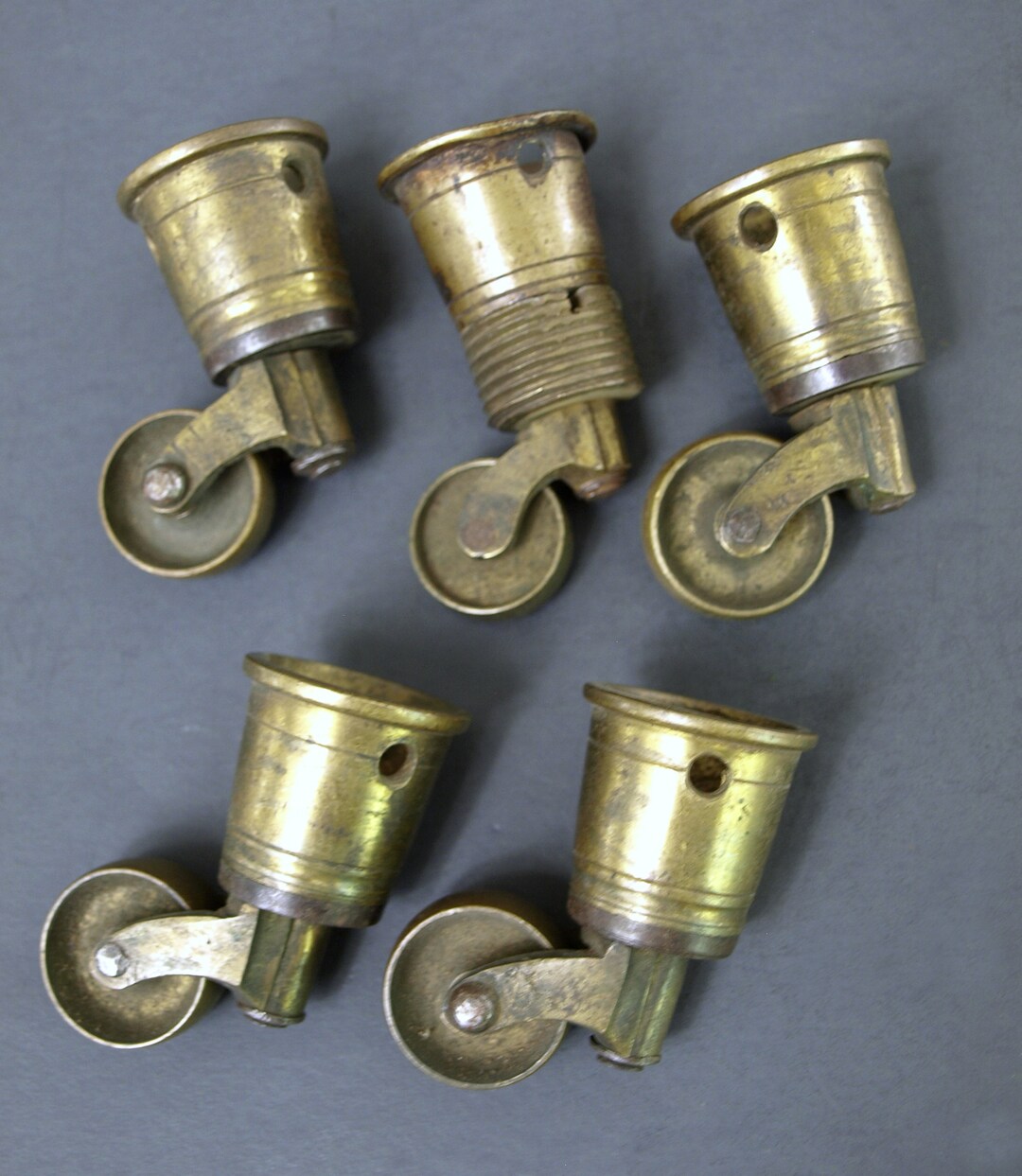 Antique Victorian Deep Socket Brass Casters, Set of 5 Brass Casters W ...