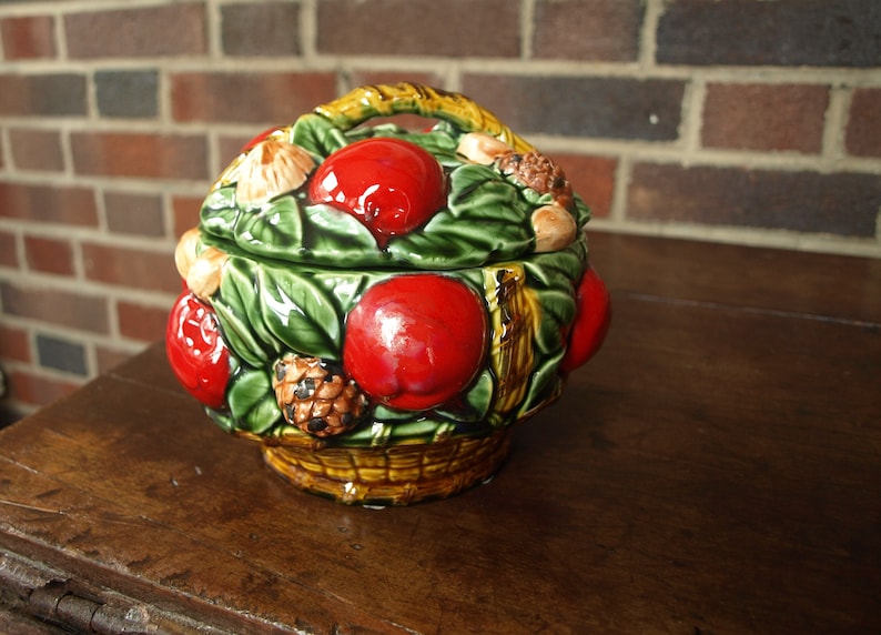 Vintage Inarco Ceramic Lidded Cookie Jar Bowl Embossed Fruit and Nuts ...