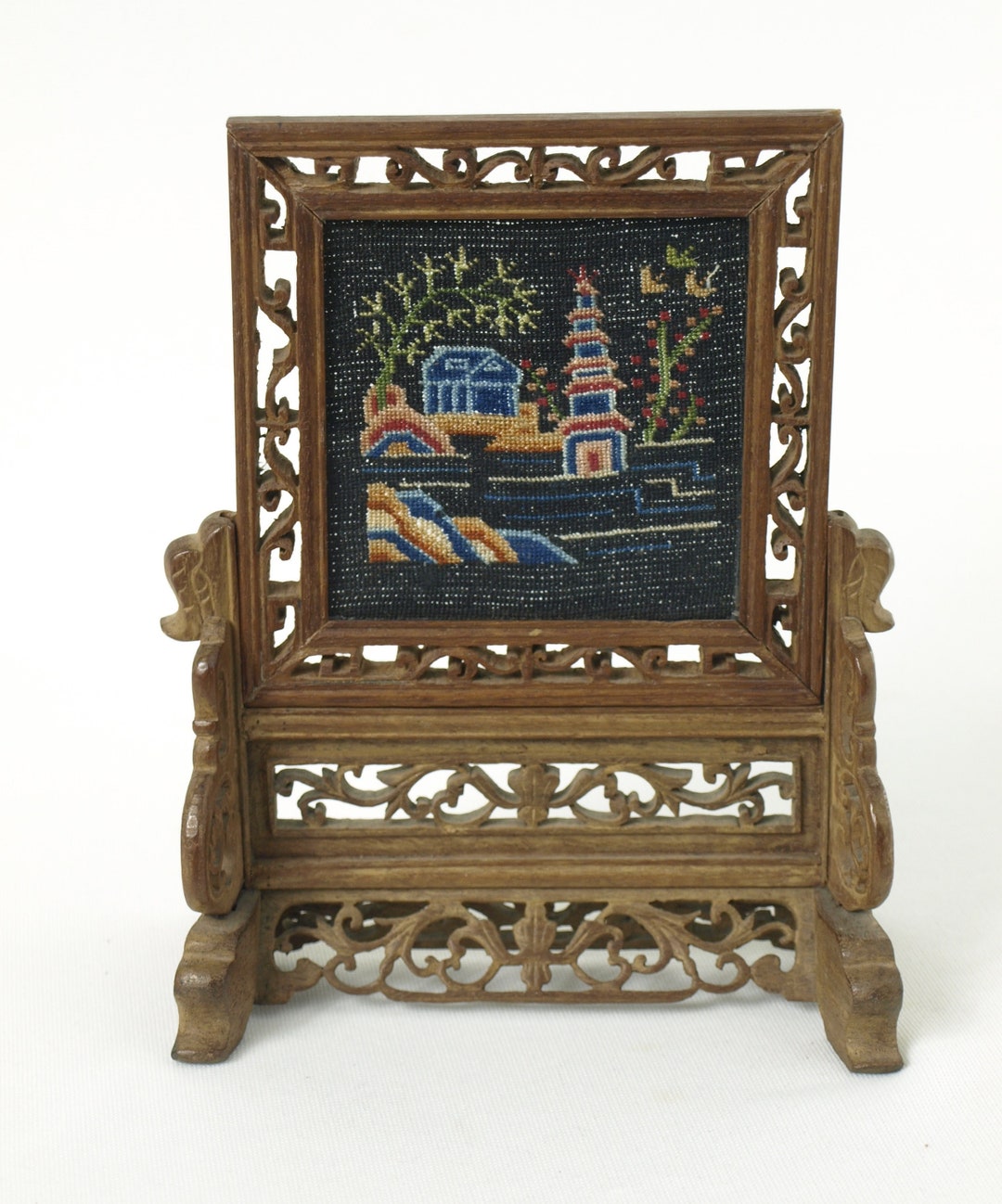 Antique 19th Century Chinese Table Screen, Woven Textile Image Between ...