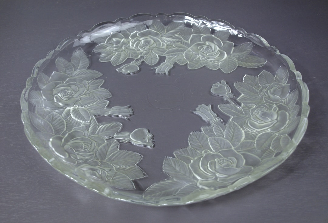Vintage 14" Round Glass Platter by STUDIO NOVA in Pattern, "winter Rose ...