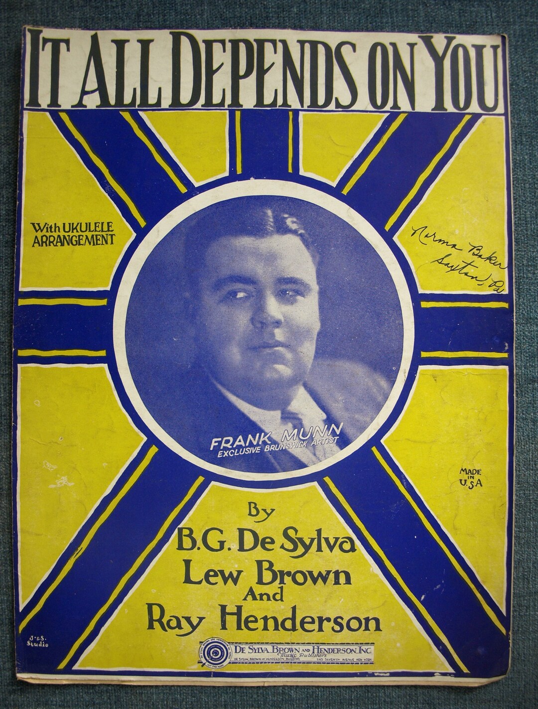 It All Depends on You 1926 Vintage Sheet Music With Frank Munn Photo by ...