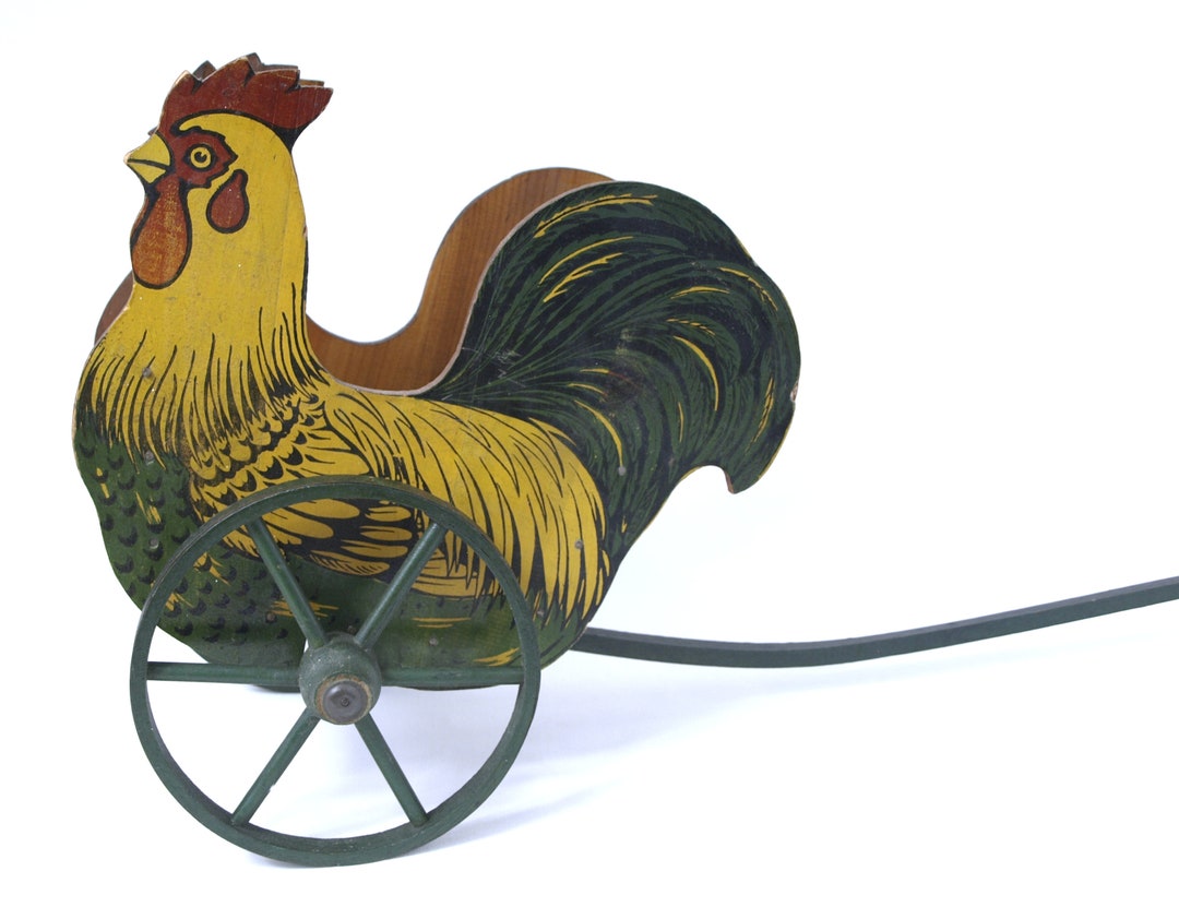 S.A. Smith Mfg. Co. Wood Rooster Cart Antique Pull Toy With Wagon ...