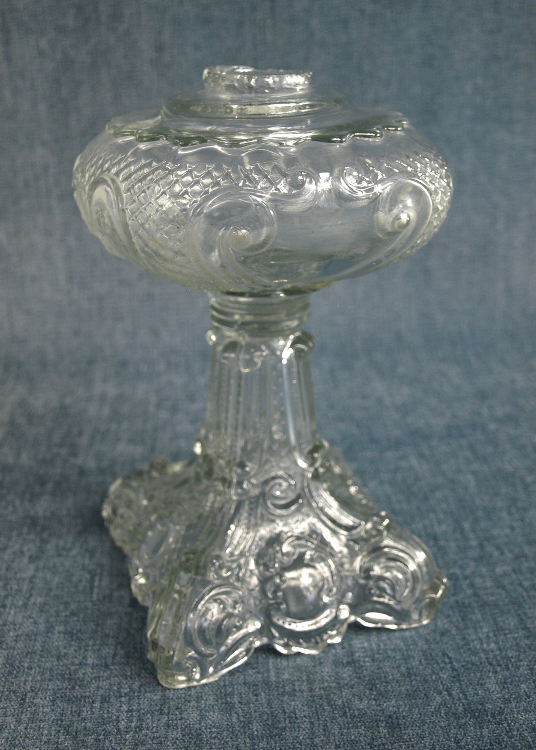 Antique Pressed Clear Glass Oil Lamp Base W/ Scrolling Leaf Medallion ...