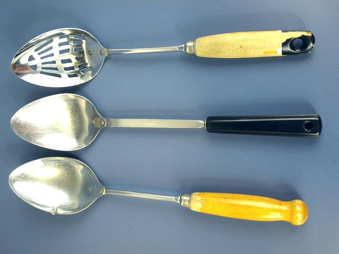 Vintage Large Serving Spoons: Ecko Wood Handle Slotted Chrome, A&J ...