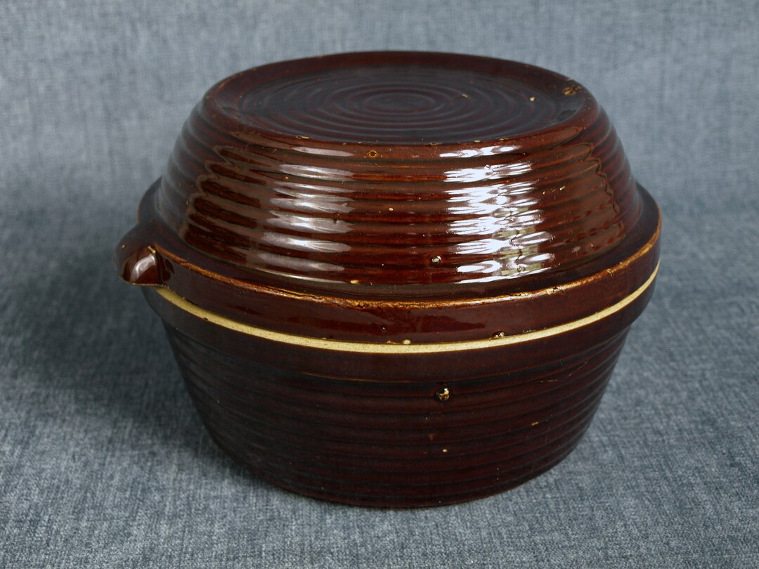 Vintage / Antique Brown Glaze Stoneware Bean Pot / Casserole Dish ...