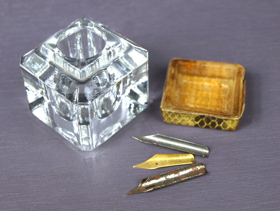 Antique Glass Inkwell W/ Lid & 4 Dip Pen Nibs - 25 Perfection Stub ...
