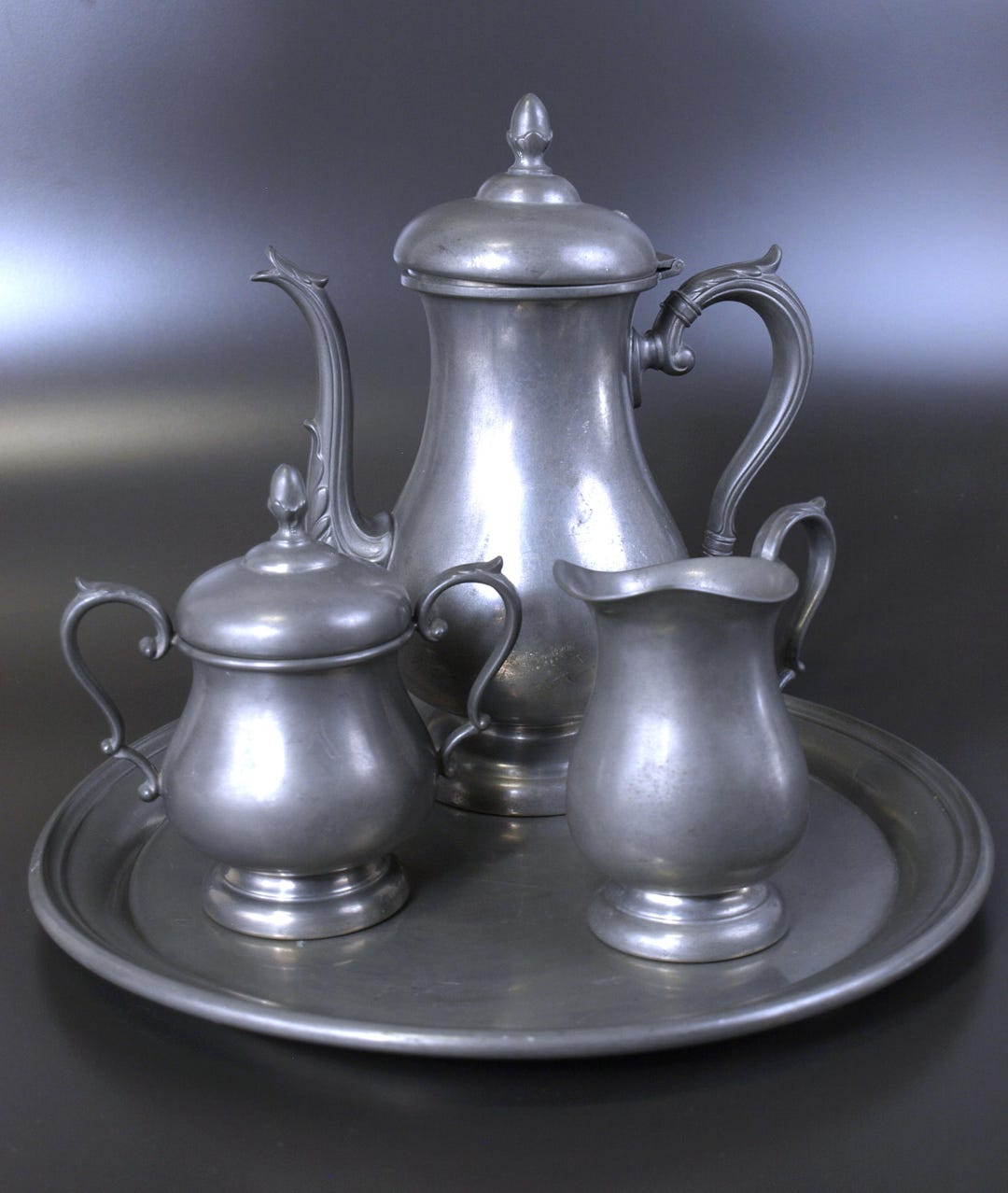 Vintage Preisner Pewter Hostess Set W/ Coffee Pot, Lidded Sugar Bowl ...