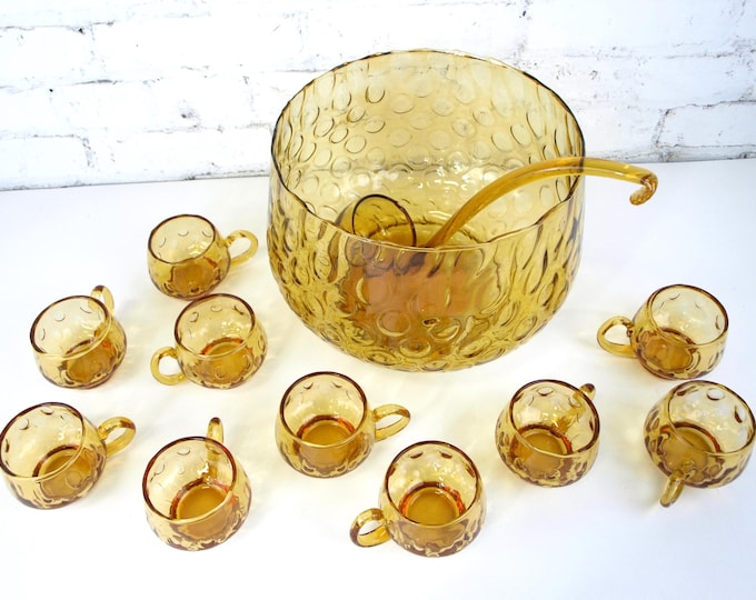 Vintage Murano Italy Retro Mod Amber Glass Punch Bowl Set With 12 ...