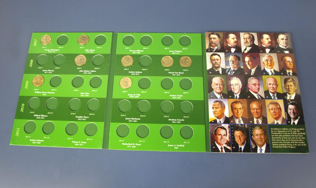 Vintage Presidential Dollar Collector Book W 8 Coins: Washington, Adams ...