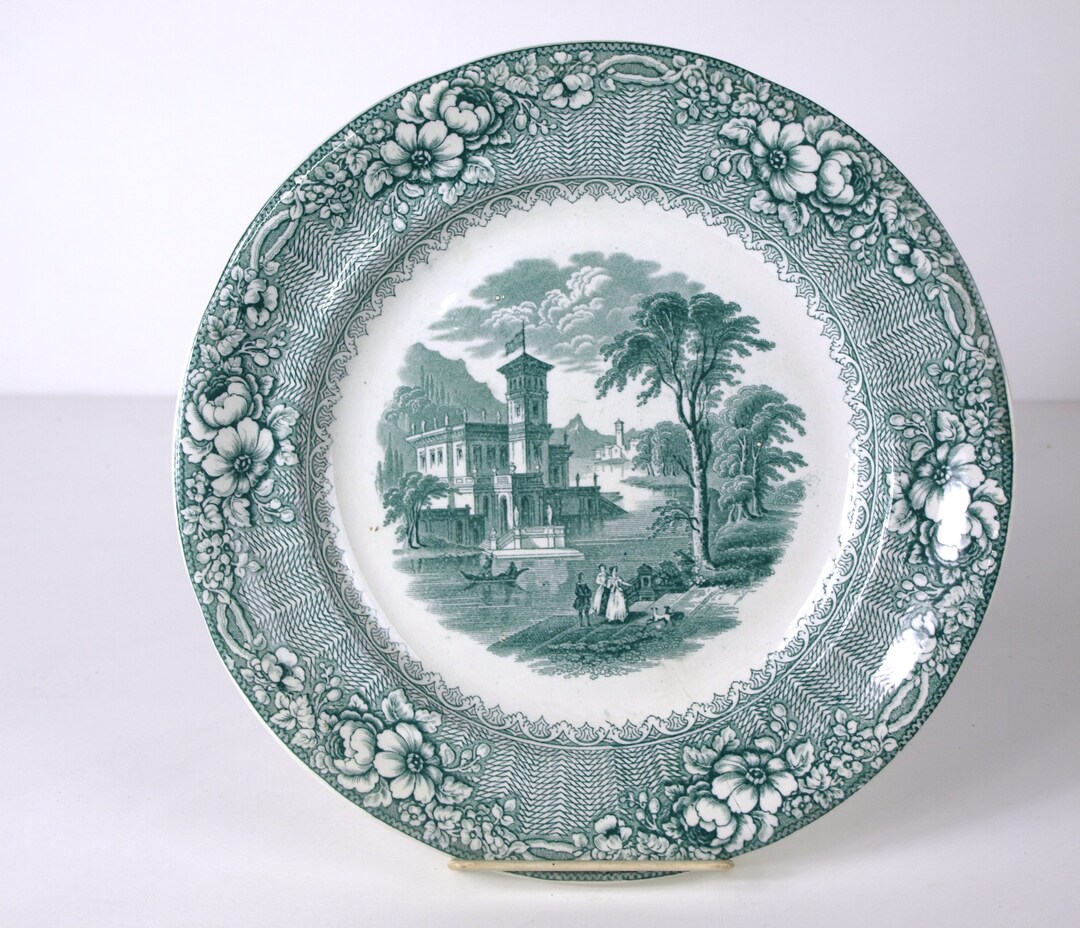 Antique Pottery Green Transferware, Brooklyn Pearlware 10.5" Dinner ...