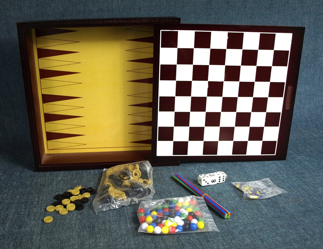 Multi Board Game Set in Wood Case W Slid Lid - Chess, Checkers, Chinese ...
