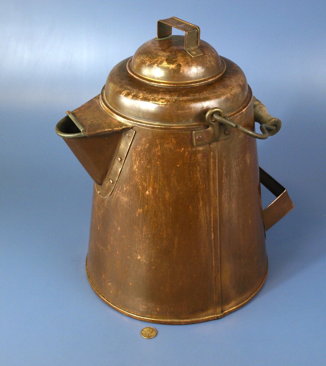 Antique Large Copper Campfire Kettle Pot W/ Wooden Handle - Cowboy ...