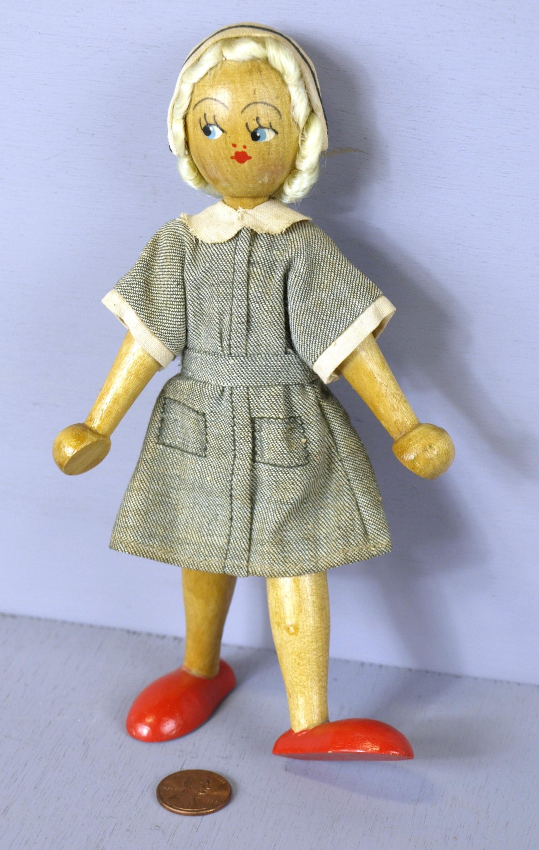 Vintage Hand Made Polish Wooden Peg Doll in Nurse Uniform - Mid Century ...