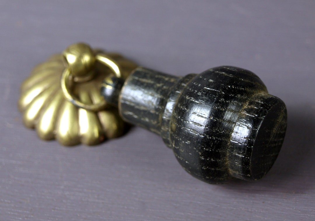 Antique Wood Single Post Pendant Pull - Teardrop Cabinet Hardware With Brass Rosette Back Plate ...