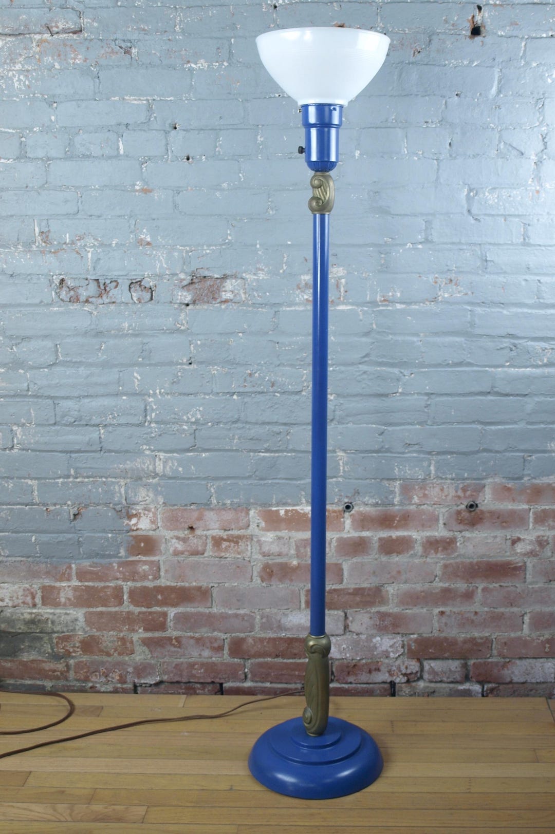 Vintage MCM Bass & Blue Greek / Roman Torchiere Floor Lamp W/ Milk ...