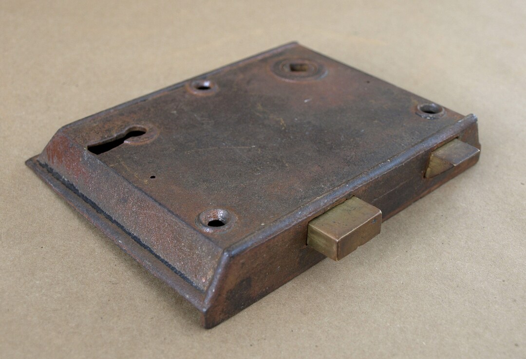 Large Antique Cast Iron Upright Vertical Rim Door Lock Set With Beveled ...