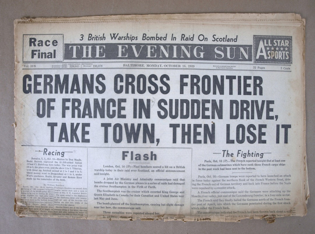 Vintage WWII Newspaper germans Cross Frontier of France Sudden Drive ...