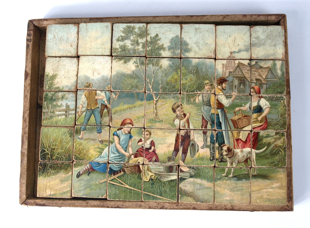 Antique German Wood Block Puzzle, Circa 1890's - Family Farm Scene - 35 ...