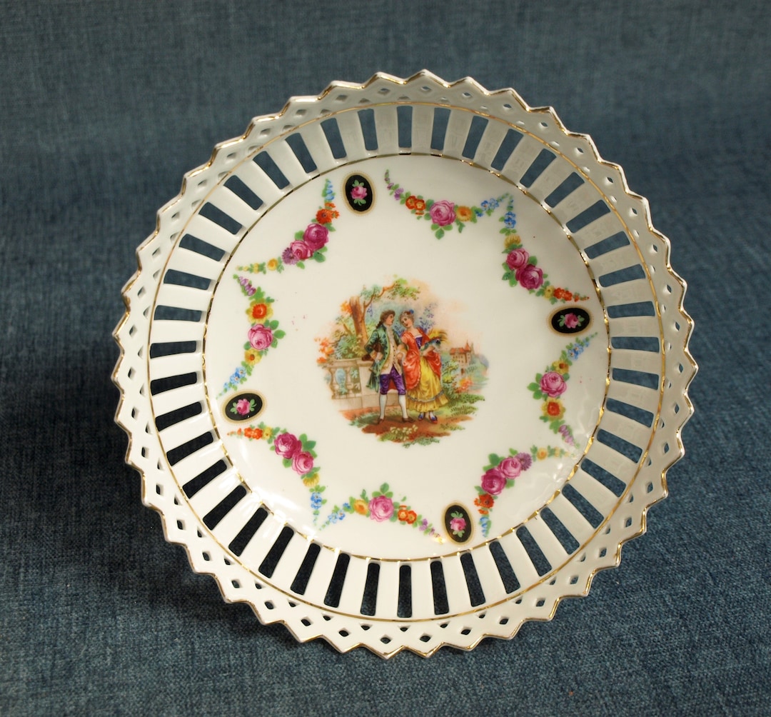 Antique German Porcelain Lattice Bowl With Rococo Couple and Floral ...