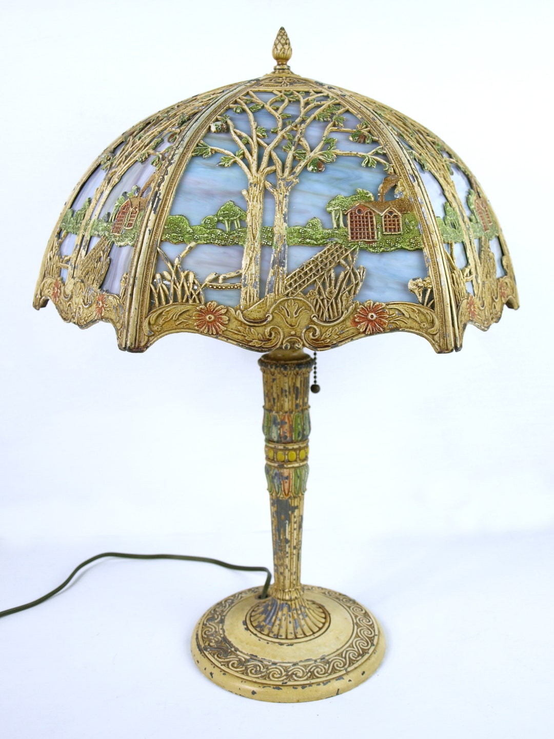 Antique Art Nouveau Miller Table Lamp W/ Bucolic Country Cottage Scene ...
