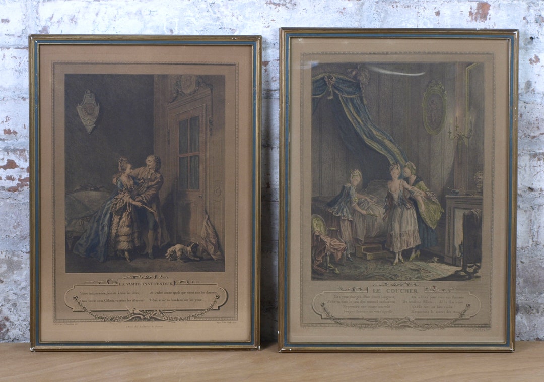 Antique French Colored Etchings le Coucher and la Visite Inattendue by ...