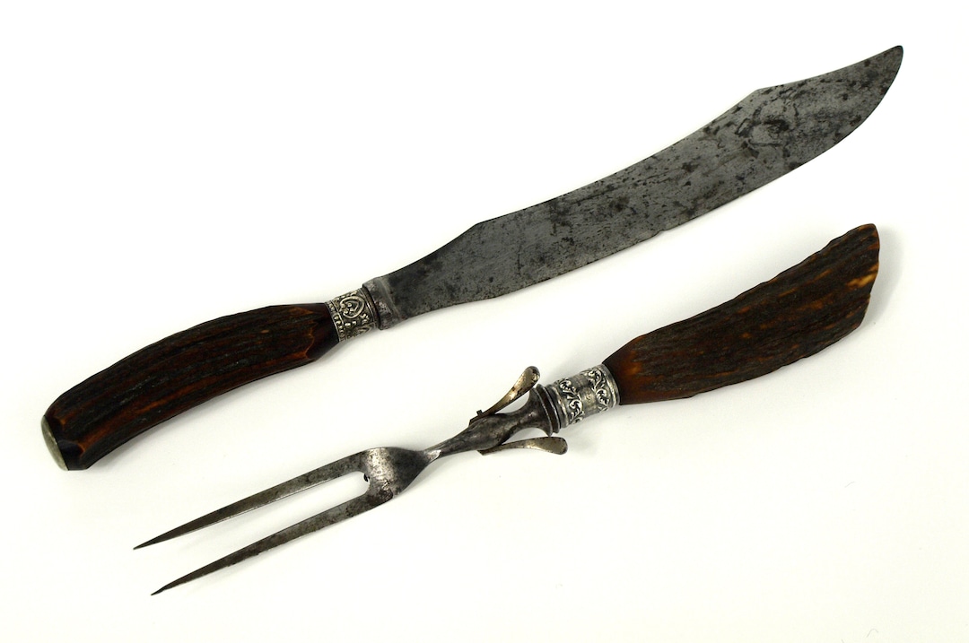 Antique Meriden Cutlery Co. Antler Horn Handled Carving Set - Fork and Knife With Antler Handles ...