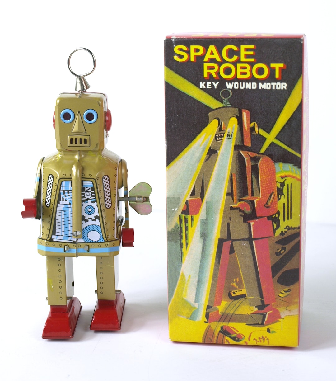 Vintage Schylling SPACE ROBOT Wind-up W/ Key Wound Motor Walking, Sparking Robot, 7.75 Tall Very ...