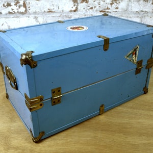 Vintage Blue Metal Doll Steamer Trunk or Case W/ Travel Decals, Circa ...