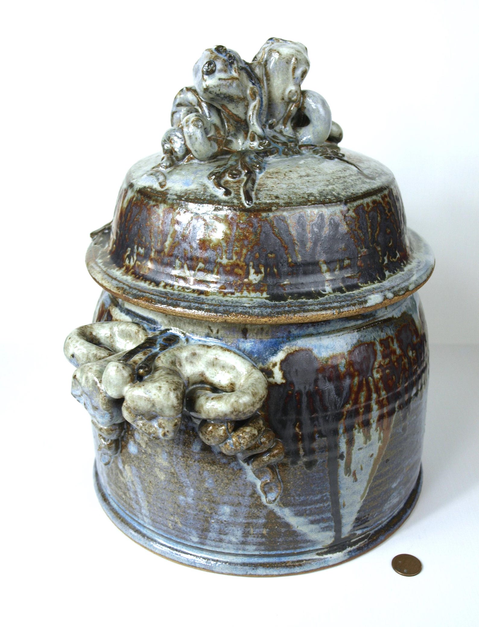 Large Handmade Art Pottery Chowder Pot W/ Lid, Octopus Themed - Signed ...