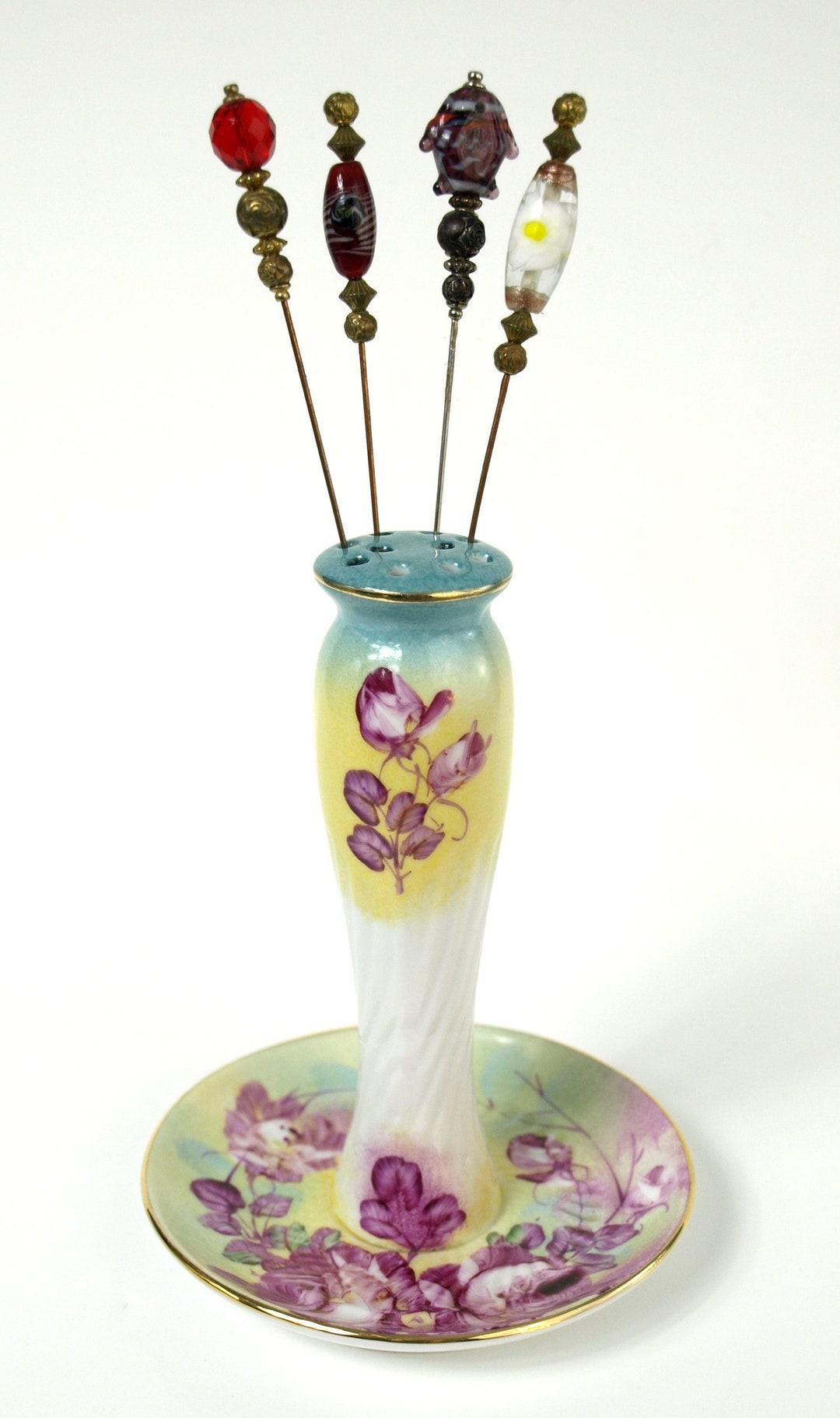 Vintage Ceramic Hat Pin Stand With 4 Hat Pins Included Hand Painted ...