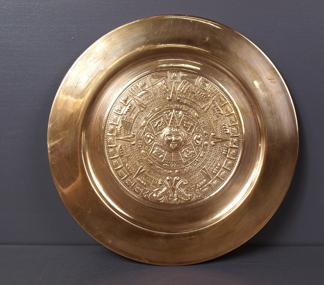 Vintage Copper Sunstone Aztec Tlaltecuhtli Plate 11" - Wall Art Hanging ...