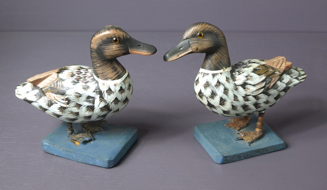 Vintage Hand Painted Hand Carved Wooden Duck Decor With Base Set of 2 ...